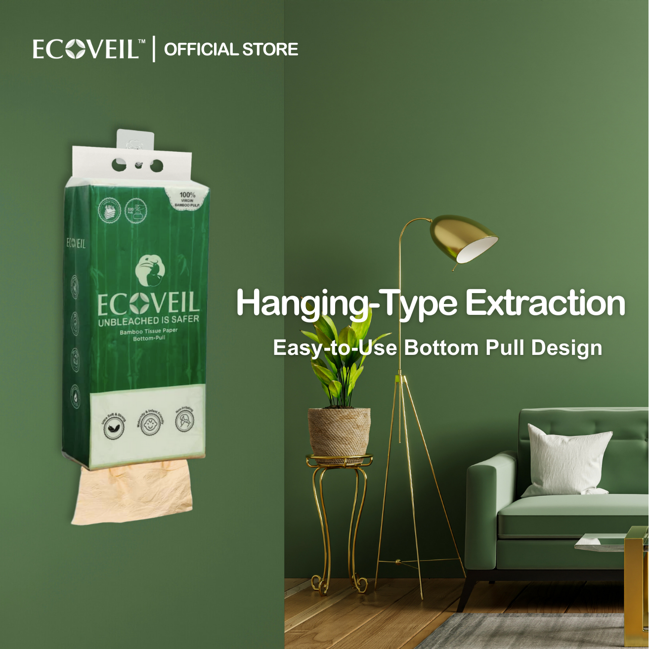ECOVEIL Unbleached Bamboo Tissue Paper Bottom-Pull 4-Ply 320s