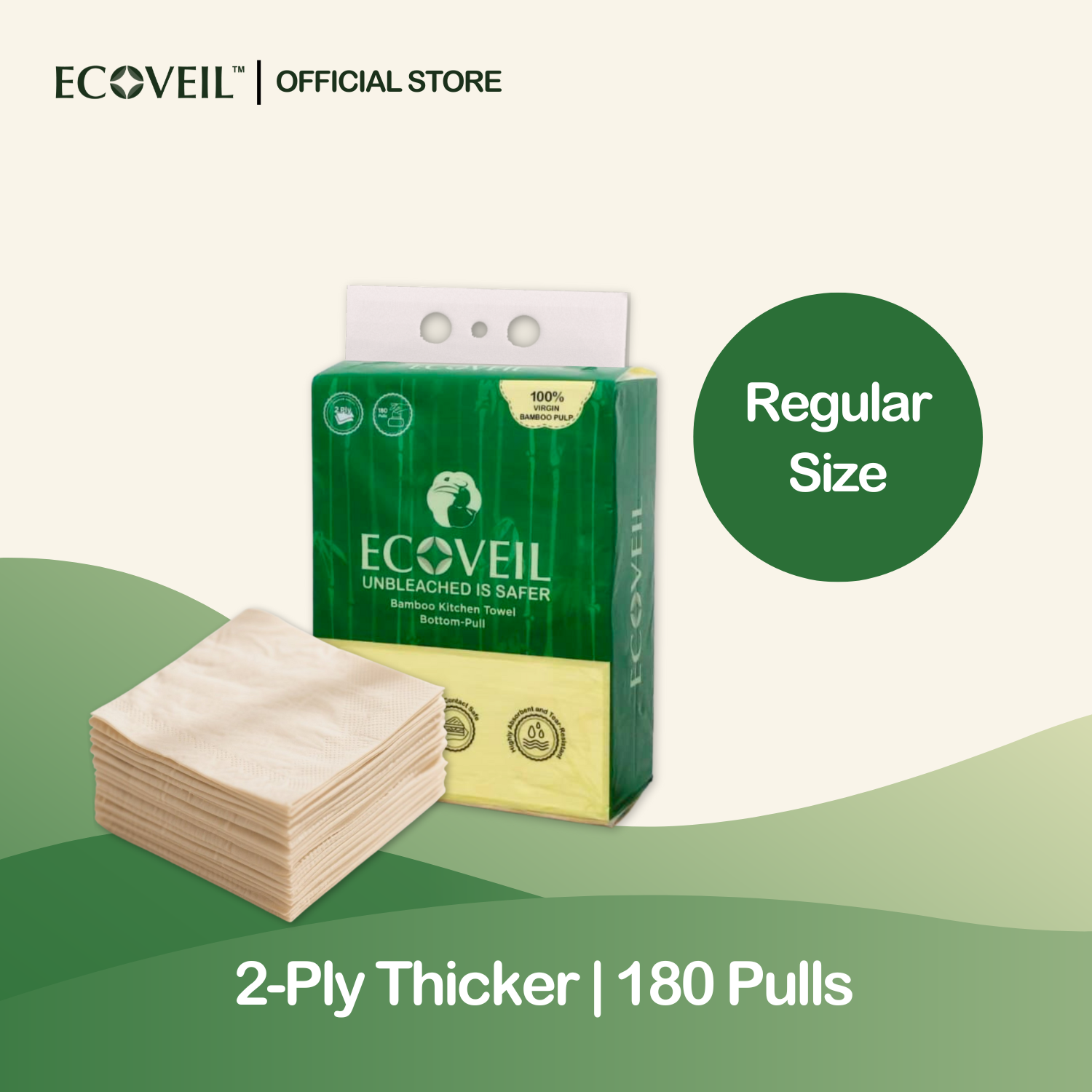 ECOVEIL Unbleached Bamboo Kitchen Towel Bottom-Pull 2-Ply 180s