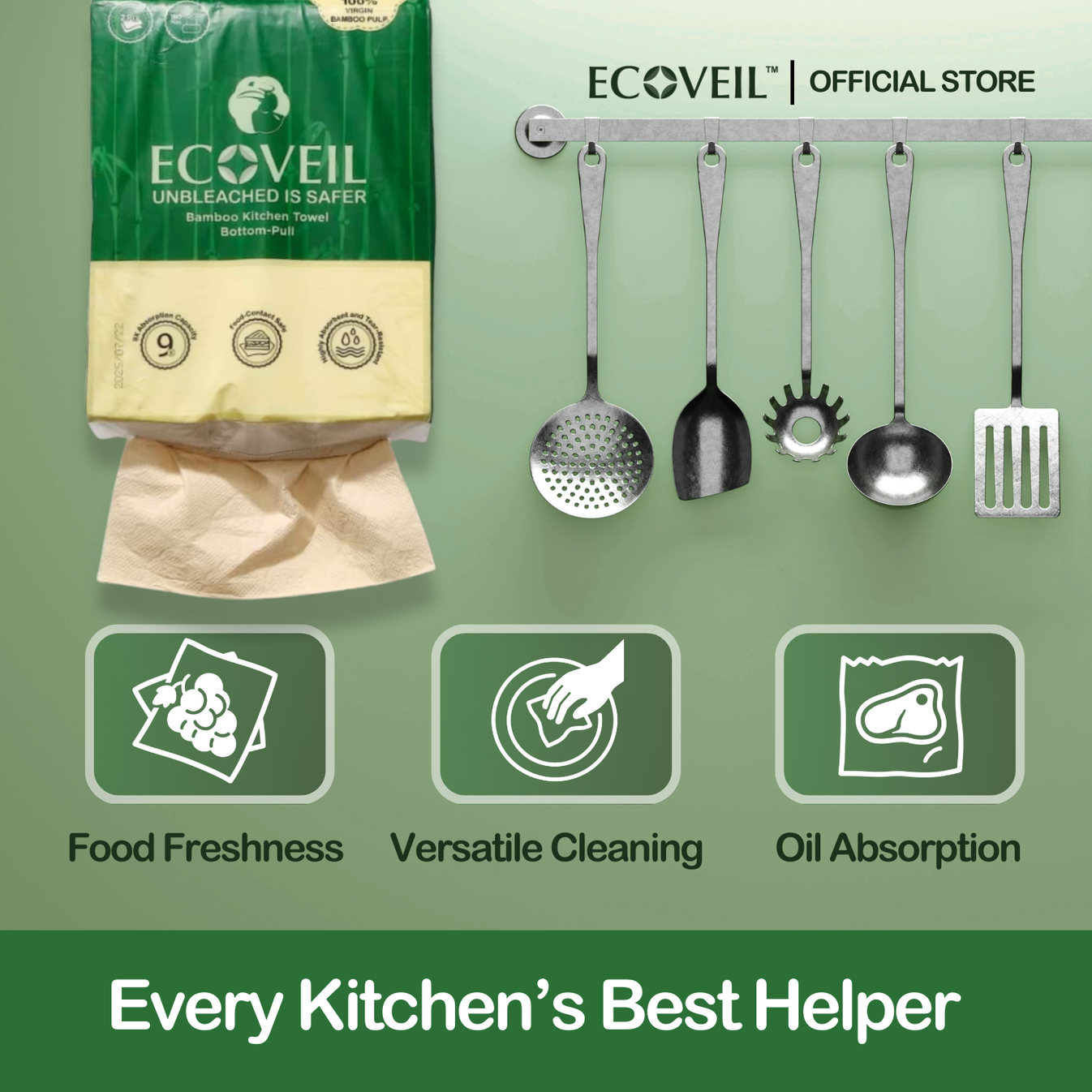 [New Launch] ECOVEIL Unbleached Bamboo Kitchen Towel Bottom-Pull 2-Ply