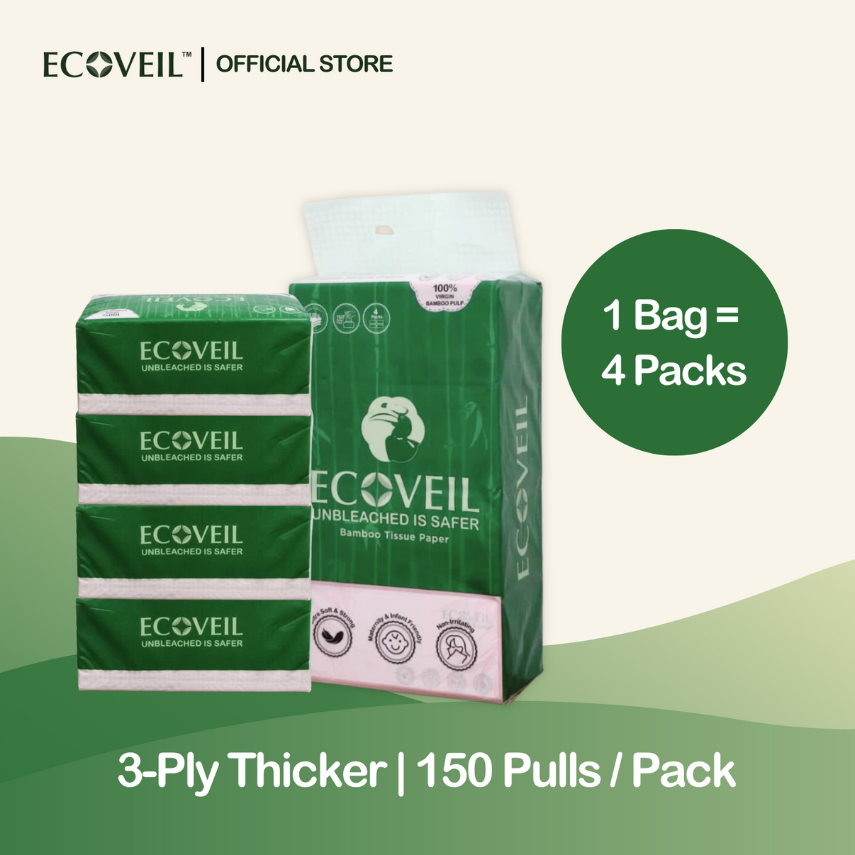 [New Launch] ECOVEIL Unbleached Bamboo Tissue Paper 3-Ply (4x150s)