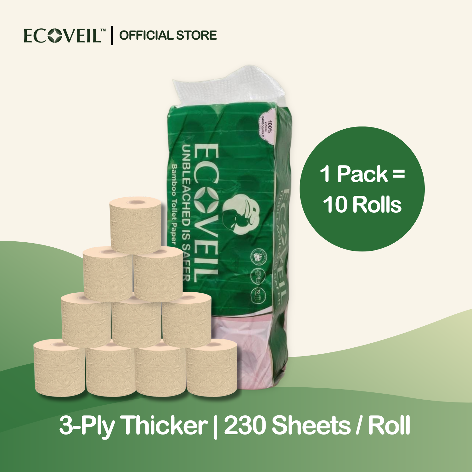 [New Launch] ECOVEIL Unbleached Bamboo Toilet Paper Roll 3-Ply (10x230